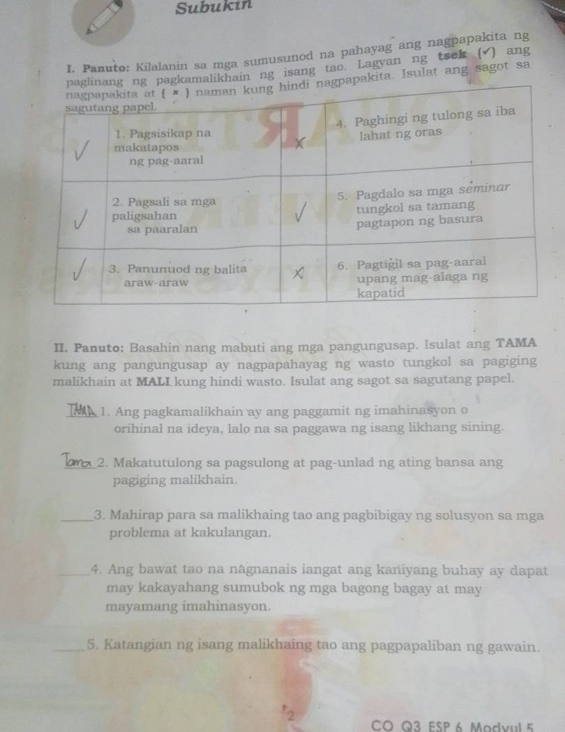 Solved: Subukin I. Panuto: Kilalanin sa mga sumusunod na pahayag ang ...