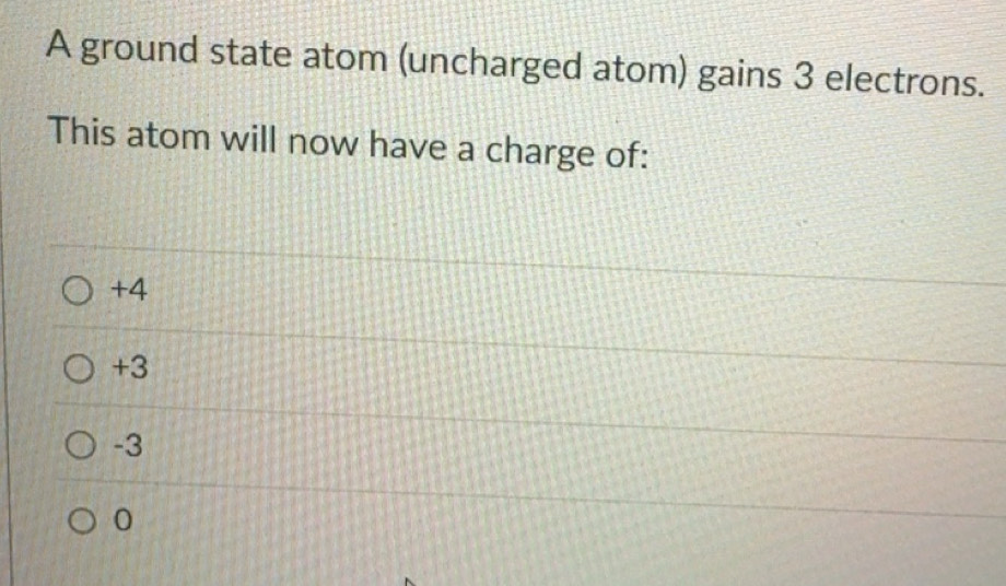 Solved: A ground state atom (uncharged atom) gains 3 electrons. This ...