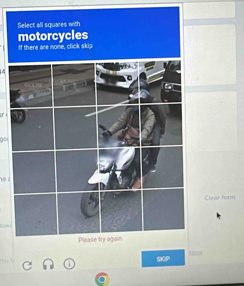 Solved: Select all squares with motorcycles If there are none, click skip 4 」r 4 got he Clear ...