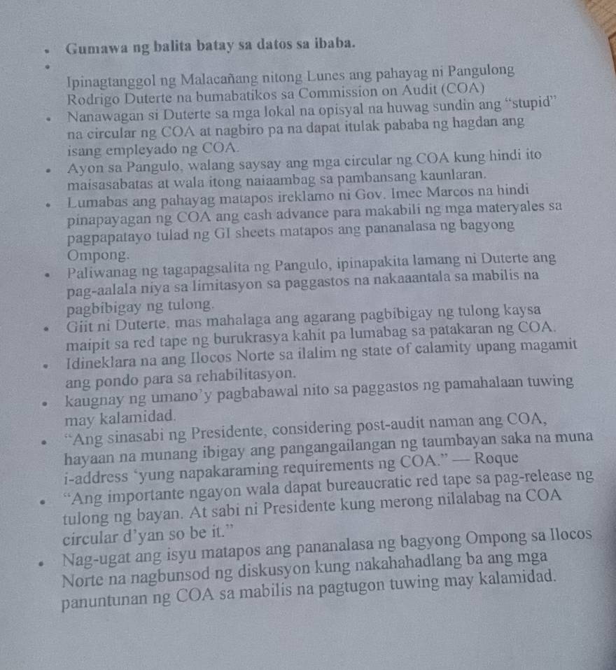 Solved: Gumawa ng balita batay sa datos sa ibaba. Ipinagtanggol ng ...