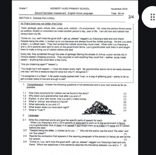 Solved: Grade 7 HERBERT HURD PRIMARY SCHOOL November 2019 Second ...