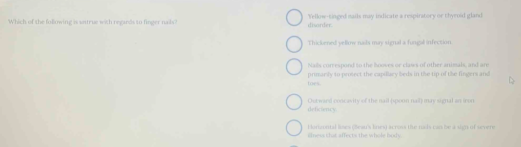 Solved: Which of the following is untrue with regards to finger nails ...