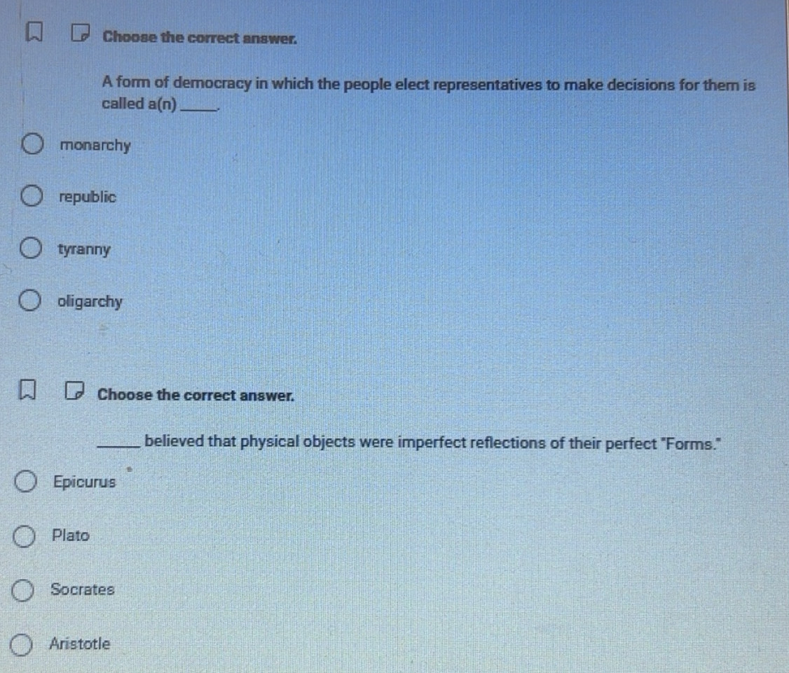 Solved: Choose the correct answer. A form of democracy in which the ...