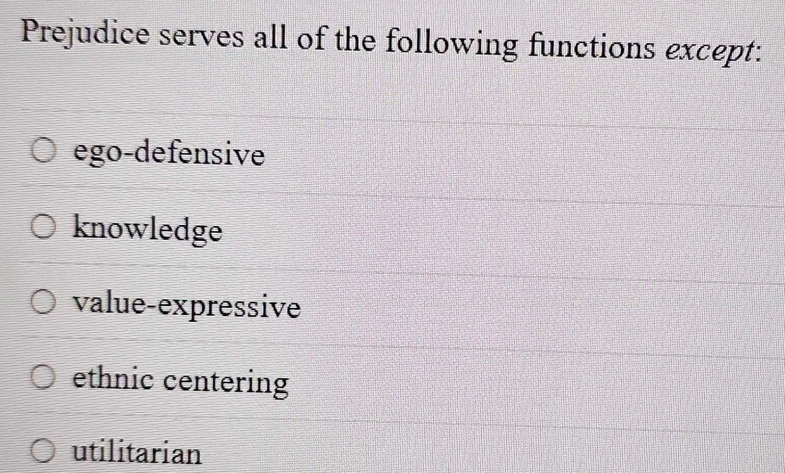 Solved: Prejudice serves all of the following functions except: ego ...