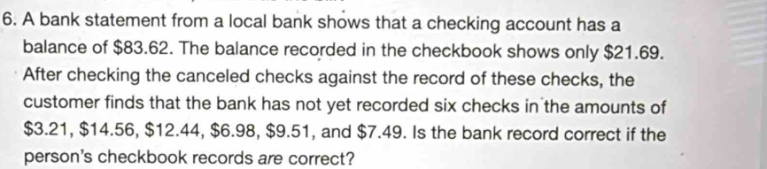 Solved: A bank statement from a local bank shows that a checking ...