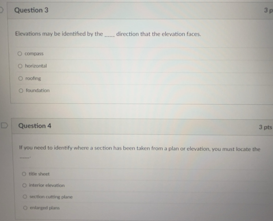 Solved: Elevations may be identifed by the _direction that the ...