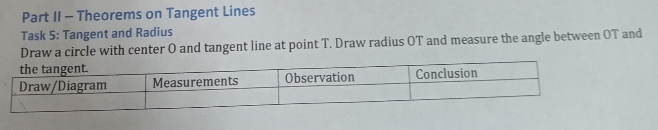 Solved: Part II - Theorems on Tangent Lines Task 5: Tangent and Radius ...
