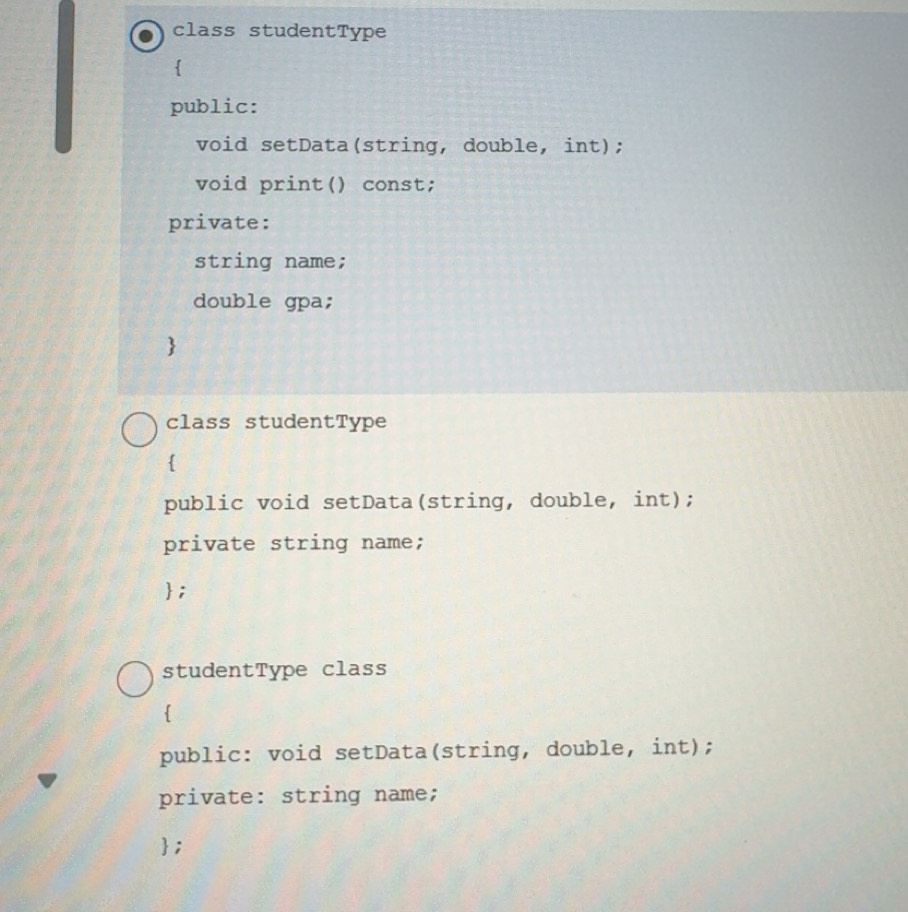 Solved: class studentType public: void setData(string, double, int ...