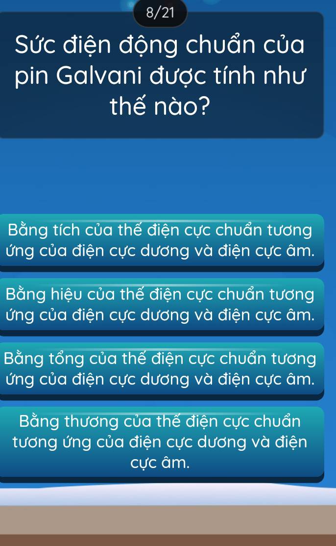 Giải quyết:8/21 Sức điện động chuẩn của pin Galvani được tính như thế ...