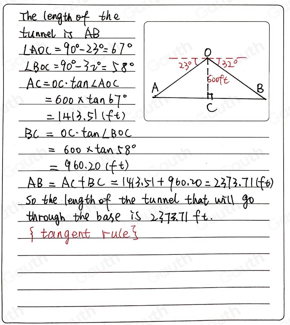 Solved: From a hill 600 feet high, the two bases in opposite directions ...