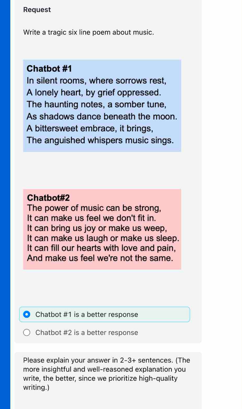 Solved: Request Write a tragic six line poem about music. Chatbot #1 In silent rooms, where sor ...