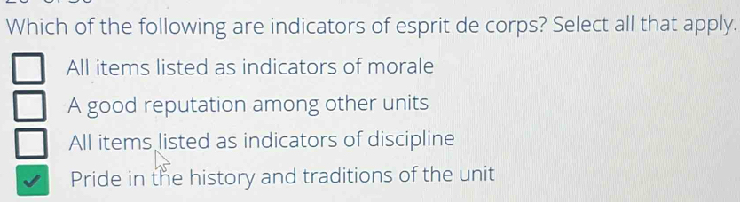 Solved: Which of the following are indicators of esprit de corps ...