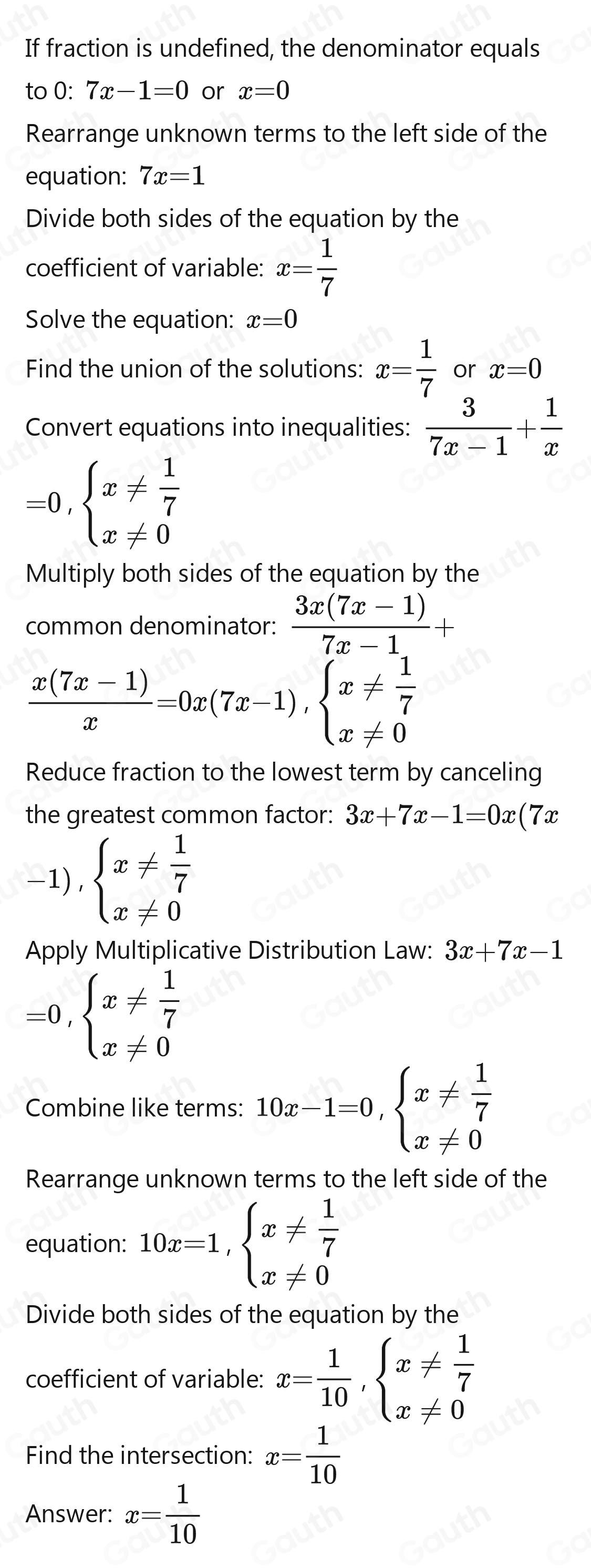 Solved: Solve the equation 3/7x-1 + 1/x =0 _ [Math]