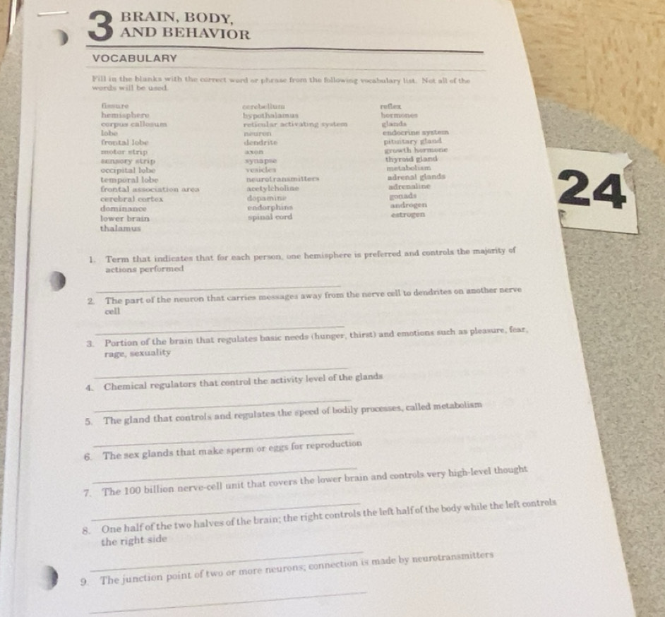 Solved: BRAIN, BODY, 3 AND BEHAVIOR VOCABULARY Fill in the blanks with the correct word or phra ...