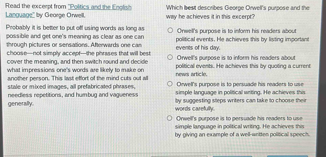 Solved: Read the excerpt from ''Politics and the English Which best ...