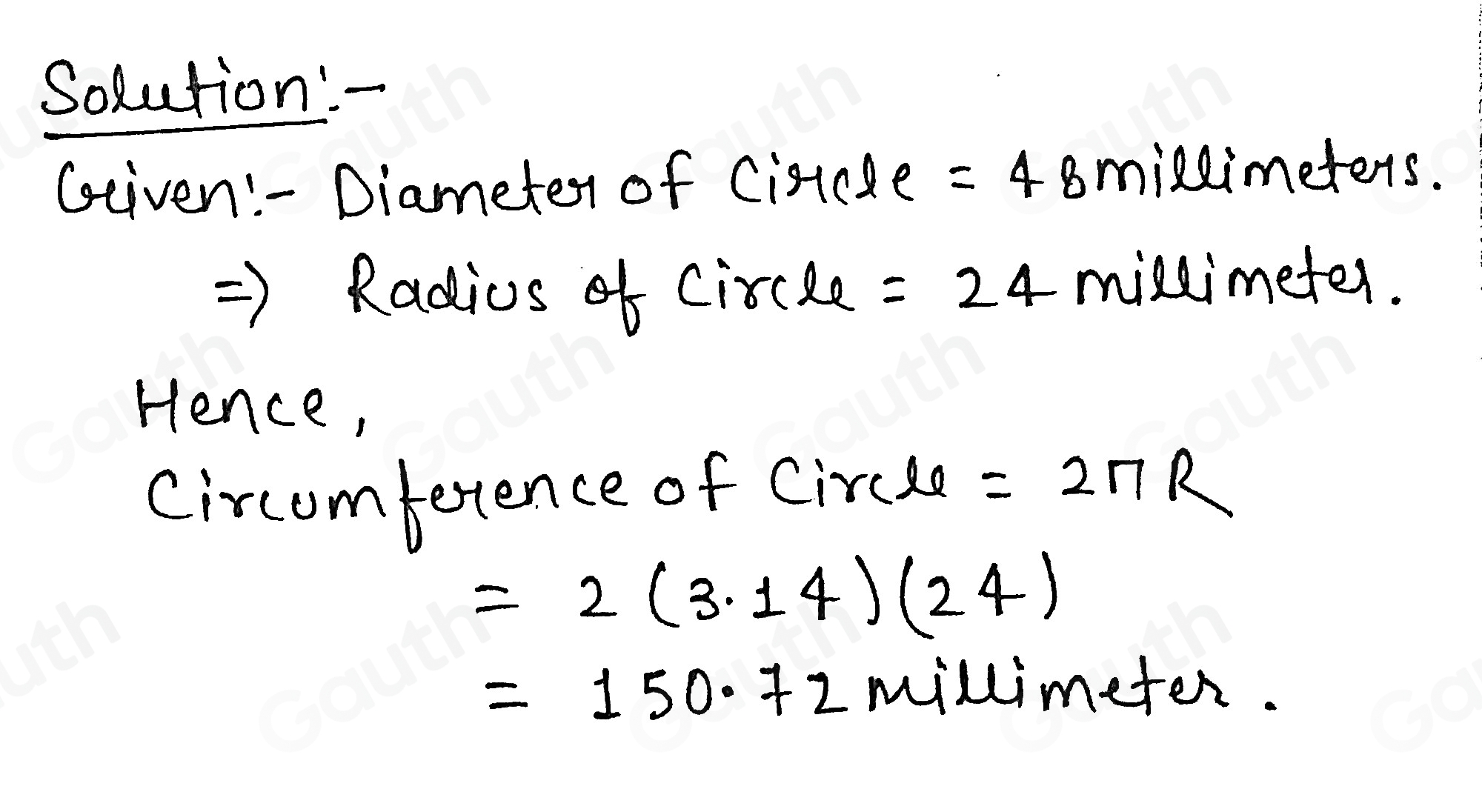 Solved: What is the exact circumference of a circle with diameter 48 ...