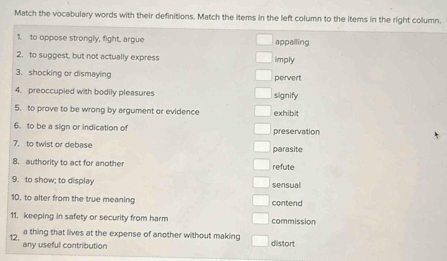 Solved: Match the vocabulary words with their definitions. Match the ...