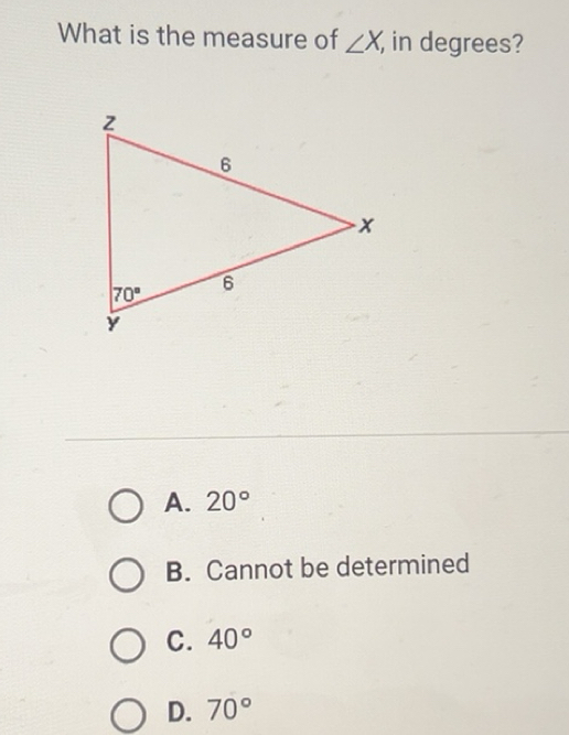 Solved: What is the measure of ∠ X, in degrees? A. 20° B. Cannot be ...