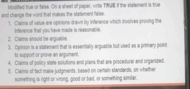 Solved: Modified true or false. On a sheet of paper, write TRUE if the statement is true and ...