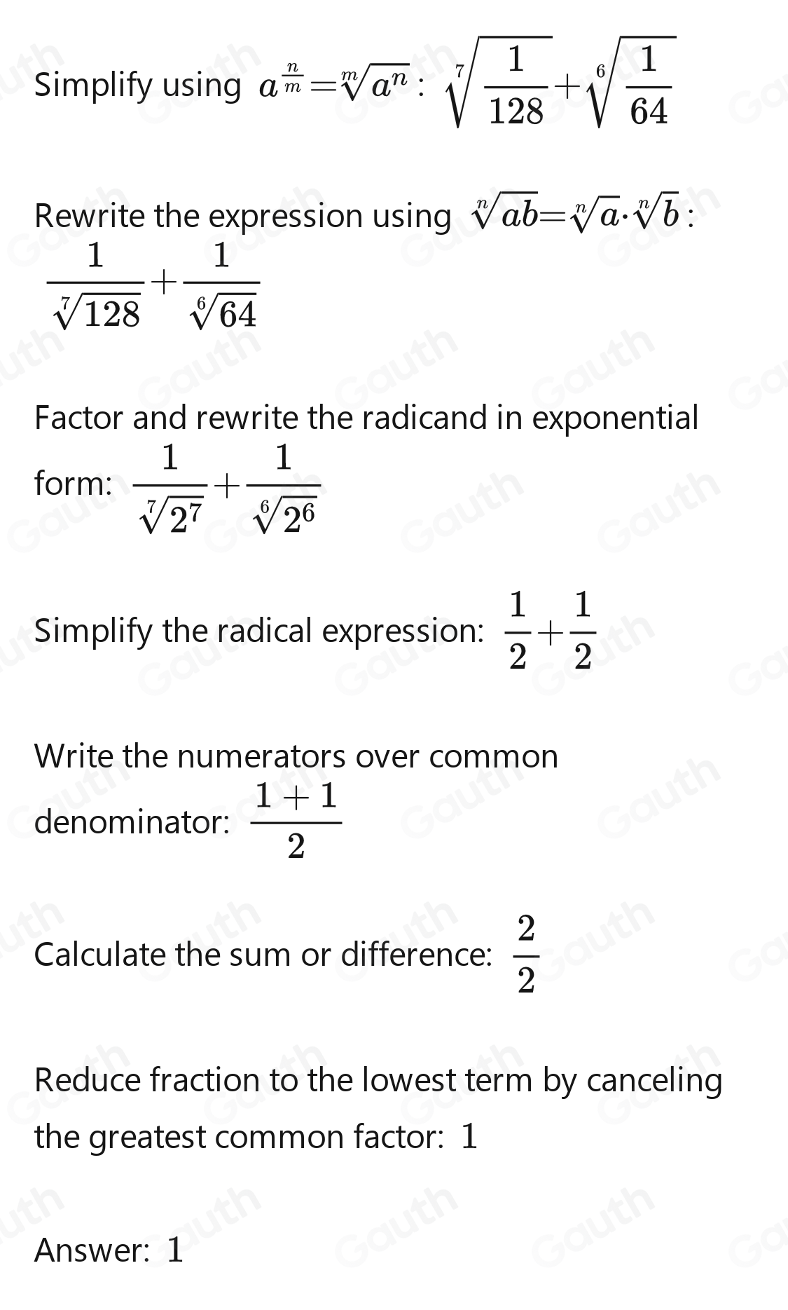 Solved: ( 1/128 )^ 1/7 +( 1/64 )^ 1/6 [Math]