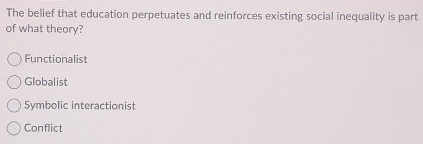 Solved: The belief that education perpetuates and reinforces existing ...