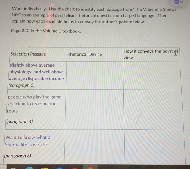 Solved: Work individually. Use the chart to identify each passage from ...