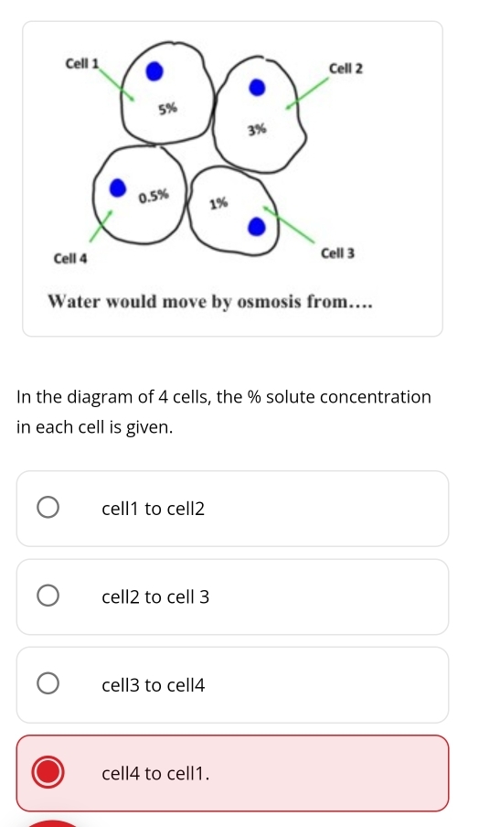 Solved: Water would move by osmosis from…. In the diagram of 4 cells ...