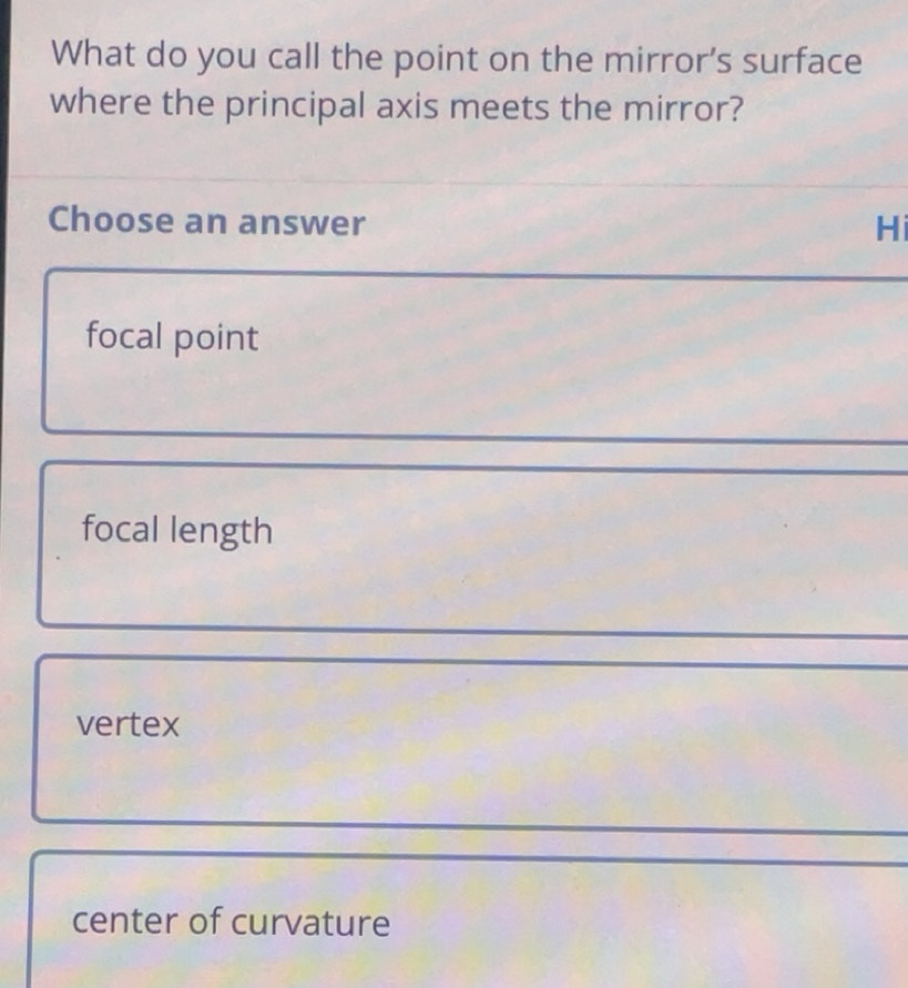 Solved: What do you call the point on the mirror’s surface where the ...