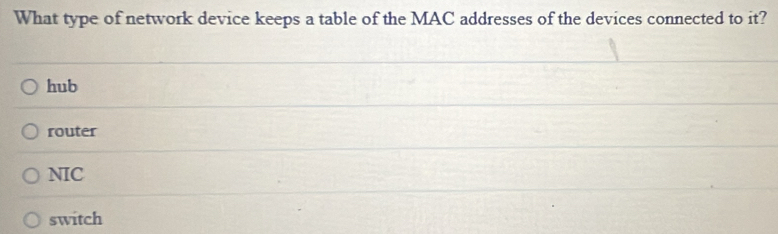 Solved: What type of network device keeps a table of the MAC addresses of the devices connected ...