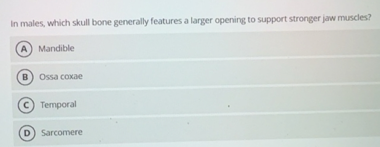 Solved: In males, which skull bone generally features a larger opening ...