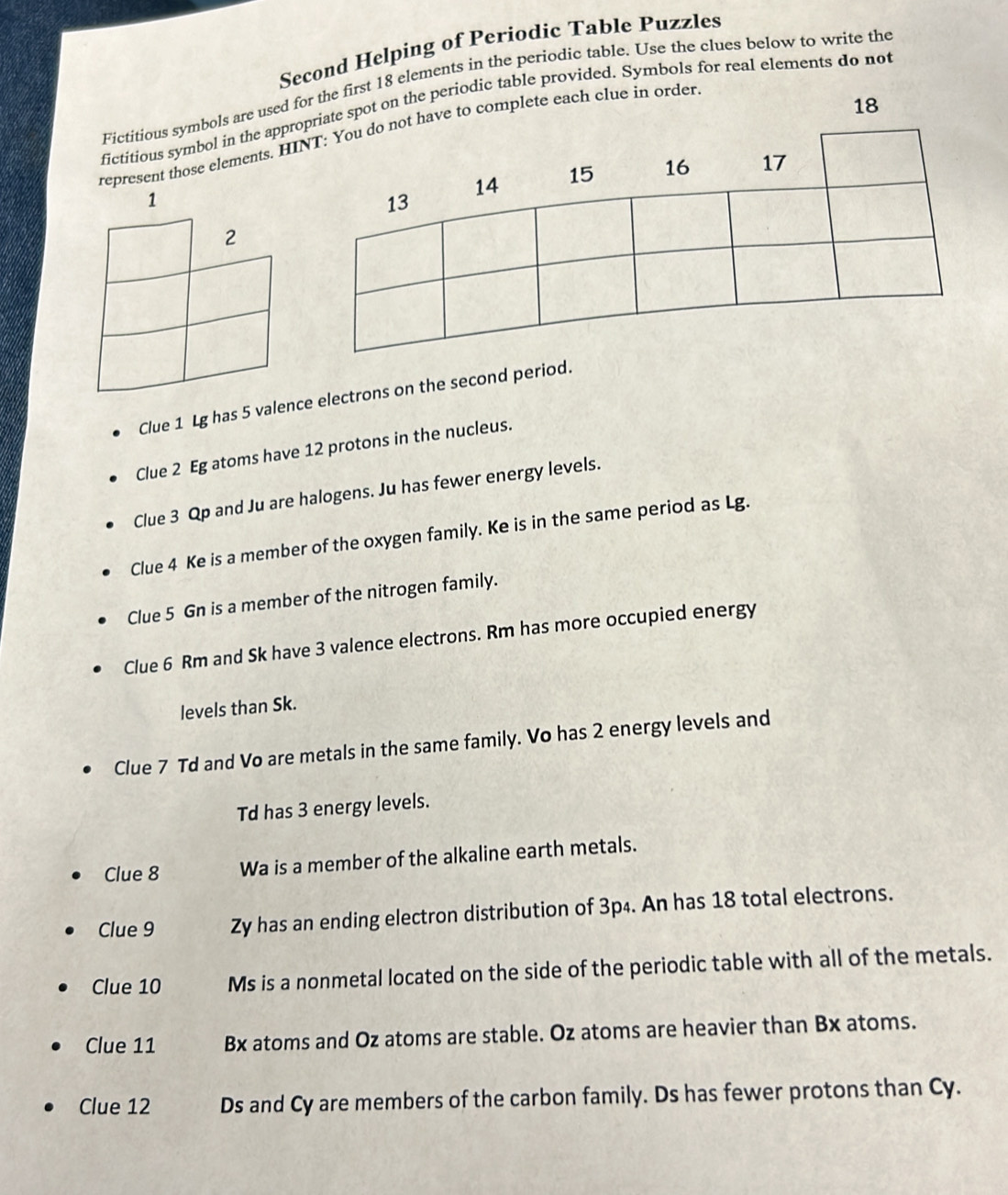 Solved: Second Helping of Periodic Table Puzzles Fictitious symbols are ...