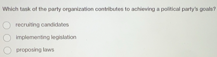 Solved: Which task of the party organization contributes to achieving a ...