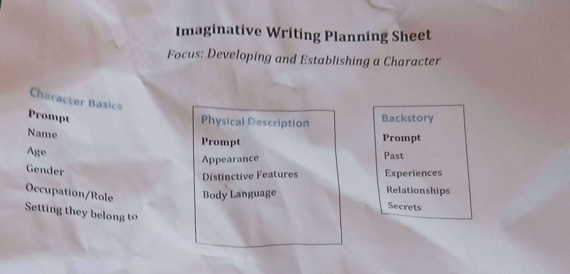 Solved: Imaginative Writing Planning Sheet Focus: Developing and ...