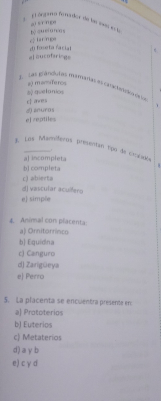 Resuelto:a) siringe 1. El órgano fonador de las aves es la b) quelonios ...