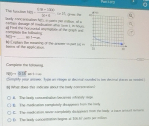 Solved: The function N(I)= (0.9t+1000)/5t+6 ,t≥ 15 , gives the body ...