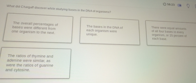 Solved: 56:23 What did Chargaff discover while studying bases in the ...