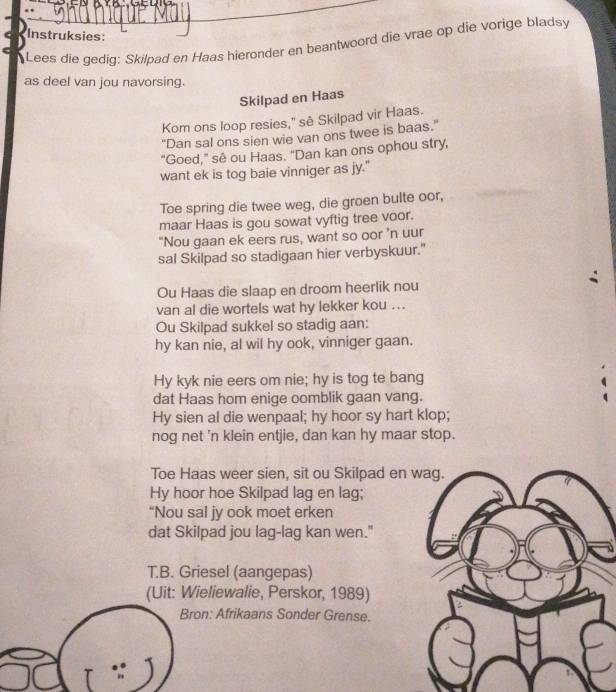 Solved: Instruksies: Lees die gedig: Skilpad en Haas hieronder en ...