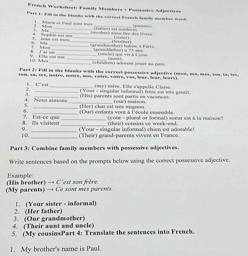 Solved: French Worksheet: Family Members + Possessive Adjectives Part 1 ...