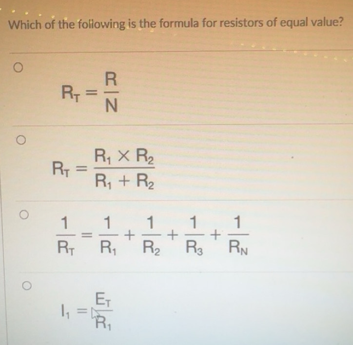 Solved: Which of the following is the formula for resistors of equal ...