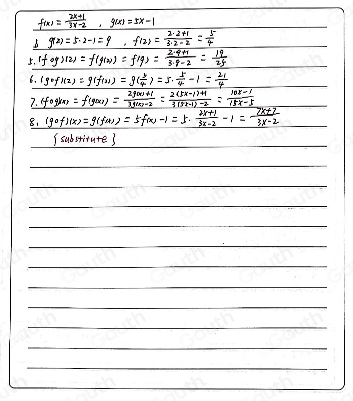 Solved: For problems 5-8, use f(x)= (2x+1)/3x-2 and g(x)=5x-1 to find ...