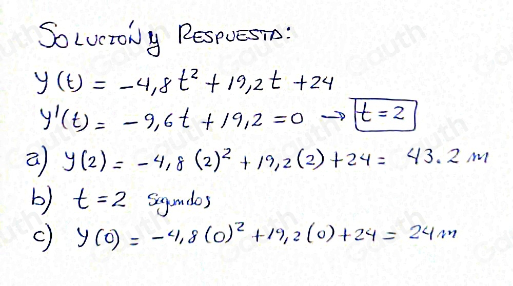 Solved: La altura en metros de un proyectil con velocidad inicial 19,2 m/s y la altura inicial ...