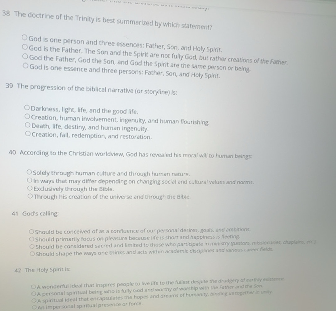 Solved: The doctrine of the Trinity is best summarized by which ...