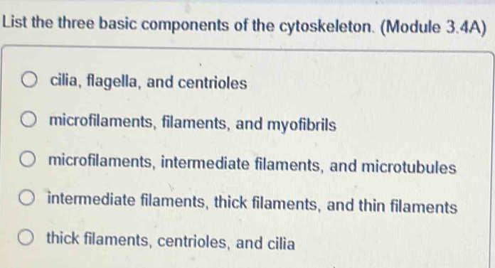 Solved: List the three basic components of the cytoskeleton. (Module 3 ...