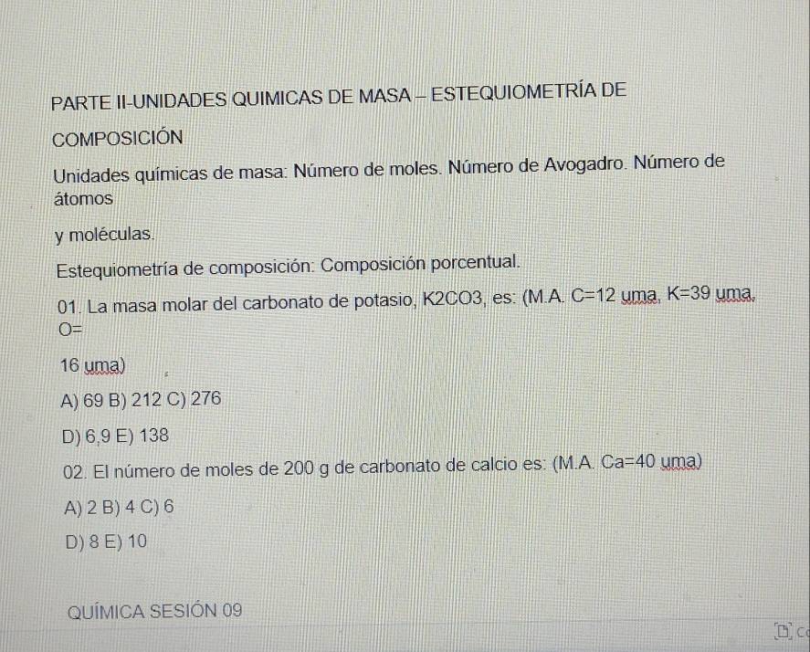 Resuelto:PARTE II-UNIDADES QUIMICAS DE MASA - ESTEQUIOMETRÍA DE ...
