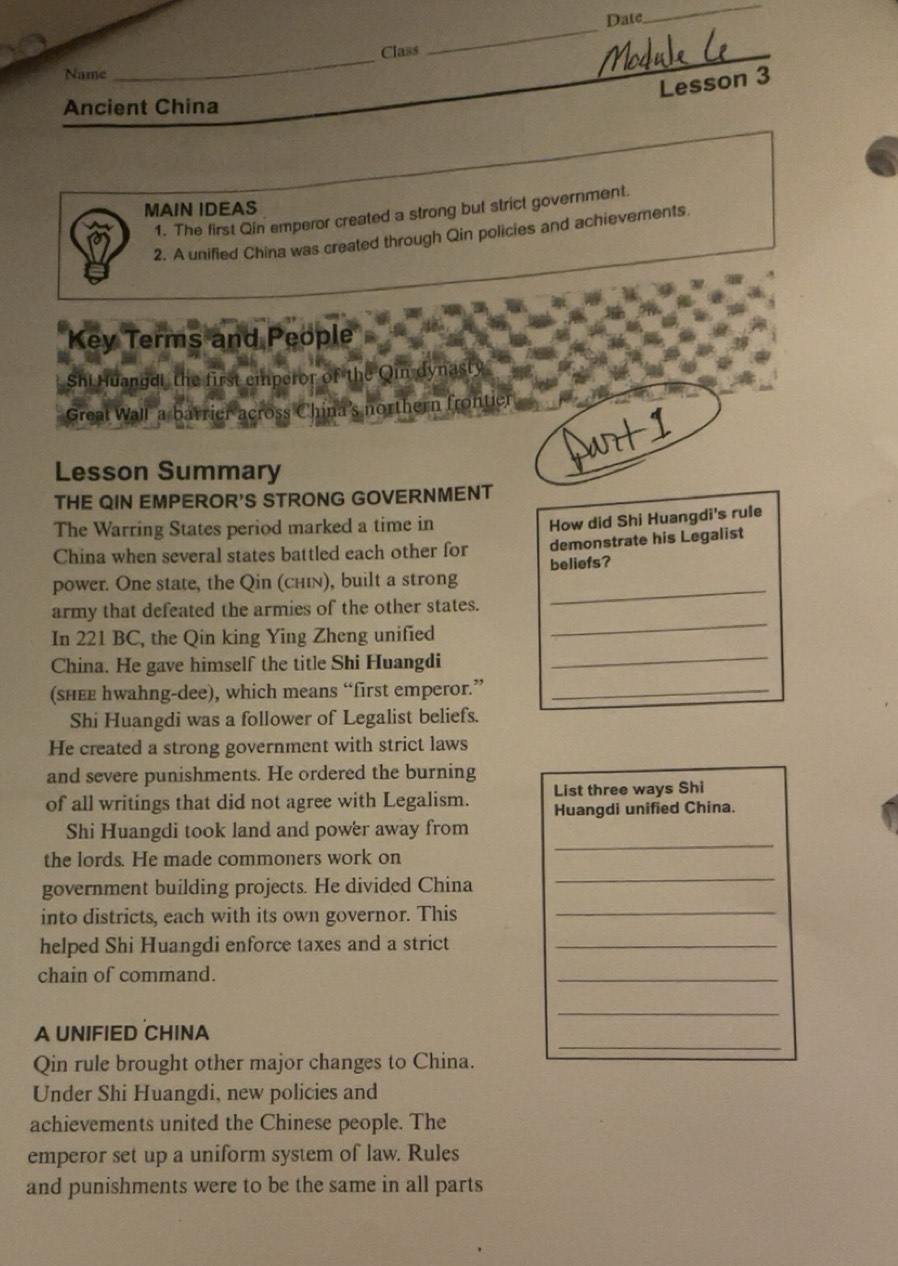 Solved: Date _ Class _ Name _ Lesson 3 Ancient China MAIN IDEAS 1. The ...
