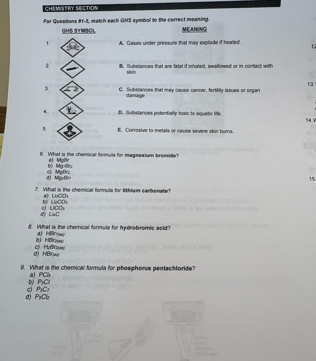 Solved: CHEMISTRY SECTION For Questions #1-5, match each GHS symbol to ...