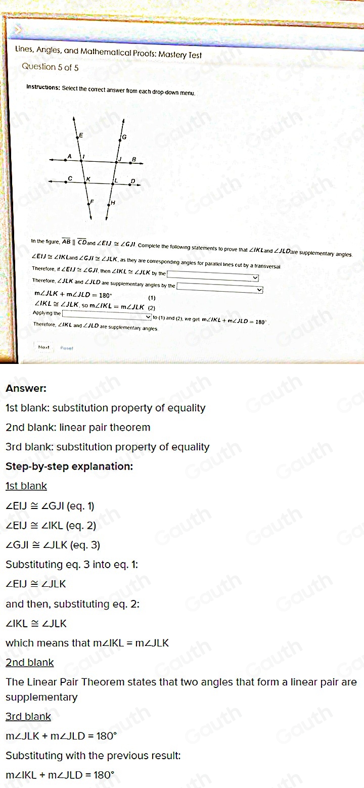 Solved: Complete the following statements to prove that ∠ IKL and ∠ JLD ...