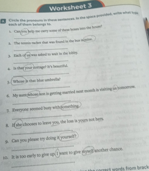 Worksheet 3 Circle the pronouns in these sentences. In the space ...