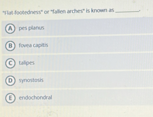 Solved: ''Flat-footedness'' or 'fallen arches'' is known as _. A pes ...