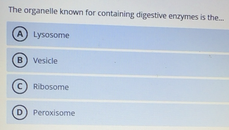 Solved: The organelle known for containing digestive enzymes is the ...